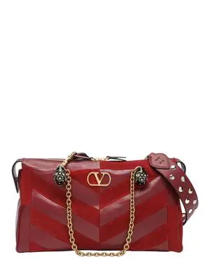 Valentino Garavani Medium Panthea Shoulder Bag In Suede And Nappa Leather With Chevron Pattern - Red