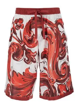 Dolce & Gabbana Bordeaux Bermuda Shorts With Elasticated Waist And Drawstring And All-over Maiolica Print In Silk For - Multicolor
