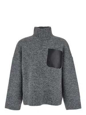 JW Anderson Grey Sweater With High Neck And One Front Patch Leather Pocket In Wool Blend - Multicolor