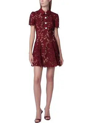SELF-PORTRAIT Lace Mini Dress With Floral Buttons In Burgundy - Red