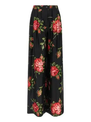 Dolce & Gabbana Bouquet Rose Silk Twill Trousers - Black