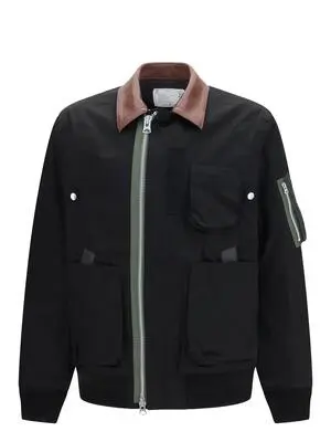 Sacai Cotton Bomber Jacket With Leather Details - Black