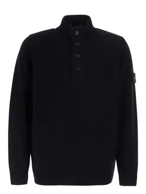 Stone Island Stone Island Men Black High-Neck Sweater With Front Buttons And Logo Patch On The Sleeve In Wool For Men Black