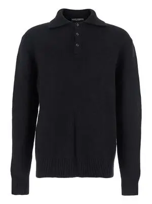 Dolce & Gabbana Dolce & Gabbana Men Black Sweater With Polo Collar And Back Logo Patch In Wool Man Multicolor