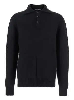DOLCE & GABBANA Dolce & Gabbana Men Black Sweater With Polo Collar And Back Logo Patch In Wool Man