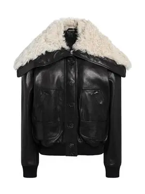 Attico Leather Bomber Jacket With Shearling Collar - Black