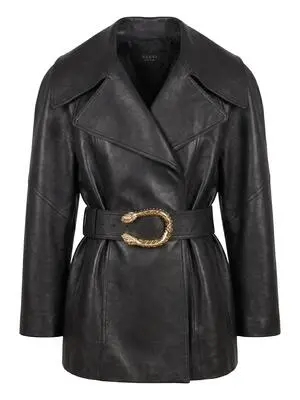 Gucci Leather Jacket With Dionysus Belt - Black
