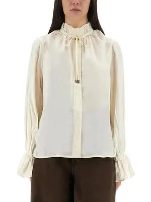 GANNI Long Sleeve Shirt With Bow - Cream