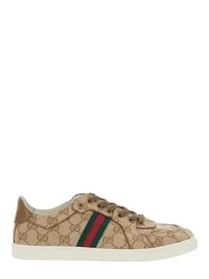 Gucci Stretch Beige Gg Motif Web Detail Fabric And Leather Sneaker - Multicolor
