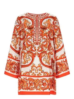 Dolce & Gabbana Maiolica Silk Twill Kaftan Mini Dress - Orange