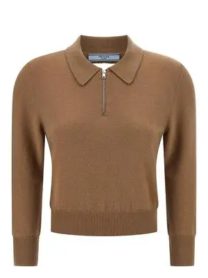 Prada Cashmere Quarter Zip Wool Polo Shirt - Cream