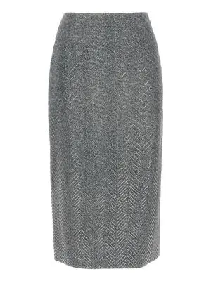 ERMANO SCERVINO Ermanno Scervino Rhinestone Herringbone Silk Midi Skirt - Gray