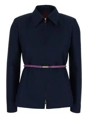 Gucci Blue Jacket With Classic Collar And Removable Belt With Gg Logo Plate For - Multicolor