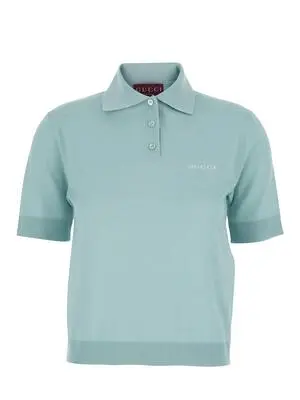 Gucci Light Blue Polo With Classic Collar And Logo Lettering Embroidery On The Front In Wool For - Multicolor