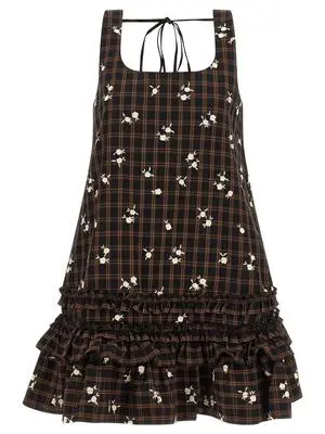 GANNI Check Flower Mini Dress - Brown