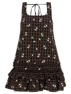 GANNI Check Flower Mini Dress - Brown