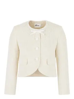 SELF-PORTRAIT Cropped Textured Blazer With Lace Collar - Multicolor