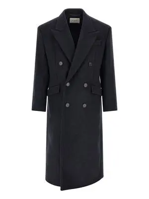 Saint Laurent Virgin Wool Double-breasted Long Coat - Blue