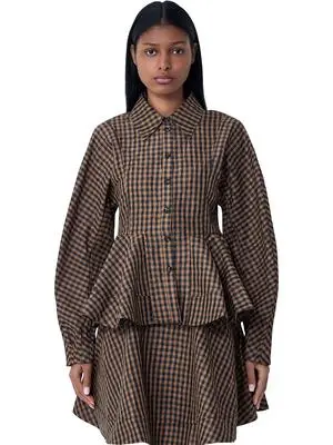 GANNI GANNI Crinkle Peplum Shirt Brown