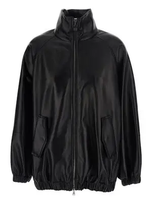 Brunello Cucinelli Brunello Cucinelli Women Black High Collar Jacket With Elasticized Trims In Leather For Women Multicolor