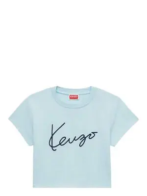 Kenzo Signature Embroidered Cotton Cropped T-shirt - Blue