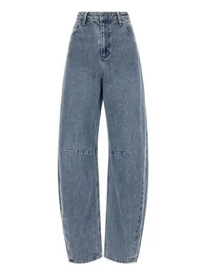 SELF-PORTRAIT Cotton Denim Barrel Leg Jeans - Blue