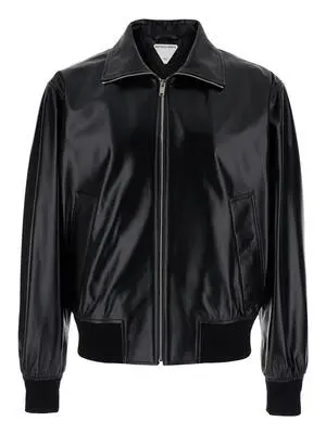 Bottega Veneta Black Bomber Jacket With Two Front Welt Pockets In Leather - Multicolor