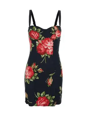 Dolce & Gabbana Black Short Dress With Floral Print In Viscose - Multicolor