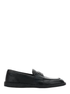 Dolce & Gabbana Florio' Black Loafers With Dg Plaque On The Front In Grained Leather - Multicolor