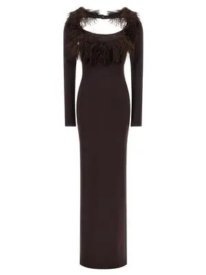 Attico Feather Embellished Long Sleeve Maxi Dress - Brown