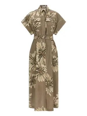 Brunello Cucinelli Cotton Poplin Floral Chemisier Dress - Green