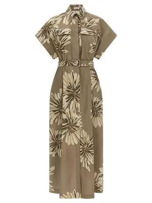 Brunello Cucinelli Cotton Poplin Floral Chemisier Dress - Green