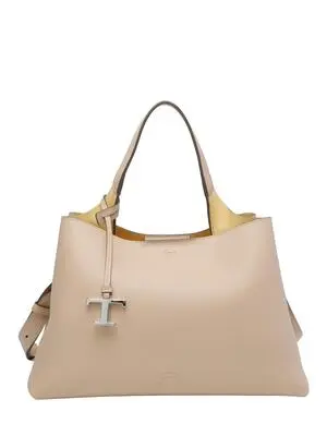 TOD'S Medium Leather Handbag With T Timeless Charm - Cream