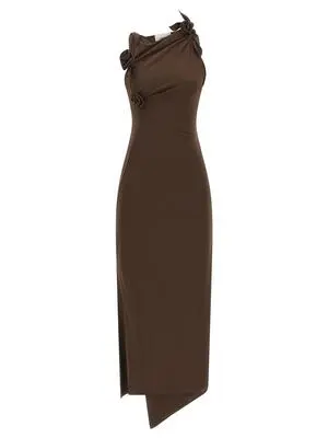Coperni Asymmetrical 3d Floral Applique Midi Dress - Brown