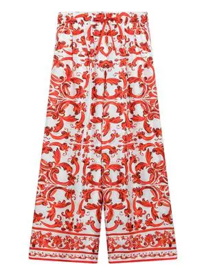 Dolce & Gabbana DOLCE & GABBANA Maiolica-Print Silk Wide-Leg Pants Orange