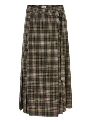 Brunello Cucinelli Tartan Pleated Long Skirt - Brown