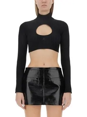 COURREGES Cropped Ribbed Knit Top - Black