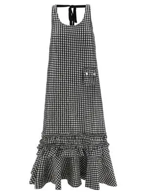 GANNI Crinkled Check Long Dress - Black