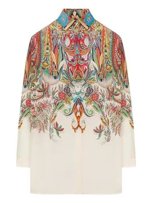 Etro Long Silk Shirt With Placed Paisley Foliage Print - Multicolor