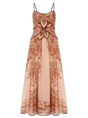 Zimmermann Aster Silk Midi Dress With Cut-out Insert And Bows - Pink