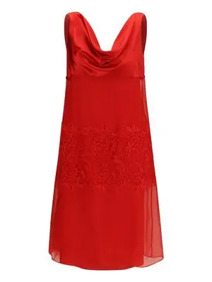 FERRAGAMO Draped Lace Silk Chiffon Dress - Red