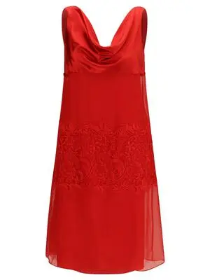 FERRAGAMO Draped Lace Silk Chiffon Dress - Red