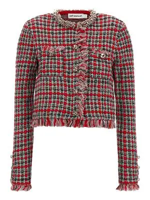 SELF-PORTRAIT Fringed Knit Check Jacket - Red