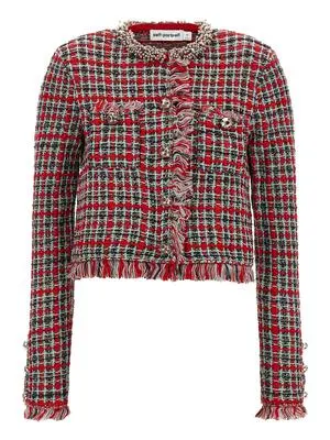 SELF-PORTRAIT Fringed Check Jacket - Red