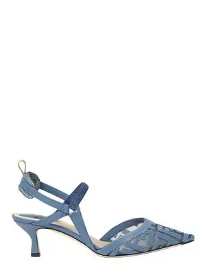 Fendi Colibrì Lite Slingback With Medium Heel In Mesh With Ff Embroidery In Blue - Multicolor