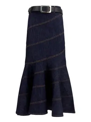SELF-PORTRAIT Denim Midi Skirt With Belt - Blue