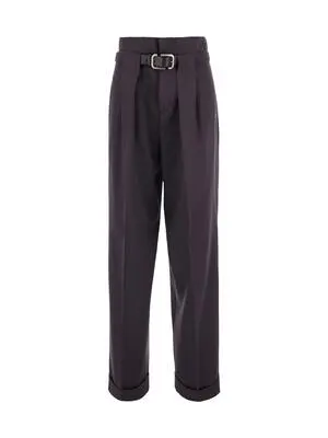 Attico Brown Pants With Front Pleats And Front Belt With Buckle In Wool For - Multicolor