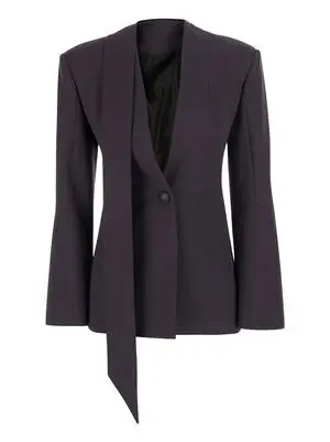 Attico Brown Single-breasted Jacket With Shawl Lapels And Ribbon On The Front In Wool For - Multicolor