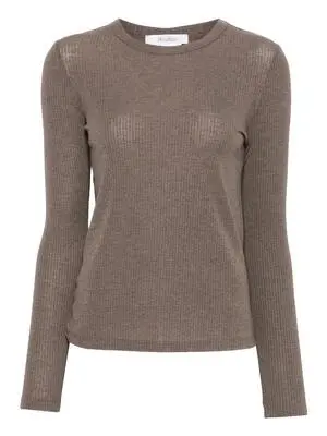 Max Mara Ribbed Knit Long Sleeve Crewneck Top - Brown