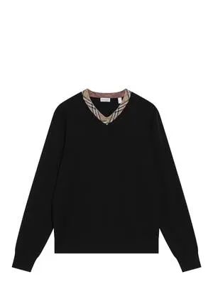 Burberry Wool Sweater With Check Motif Neckline - Black